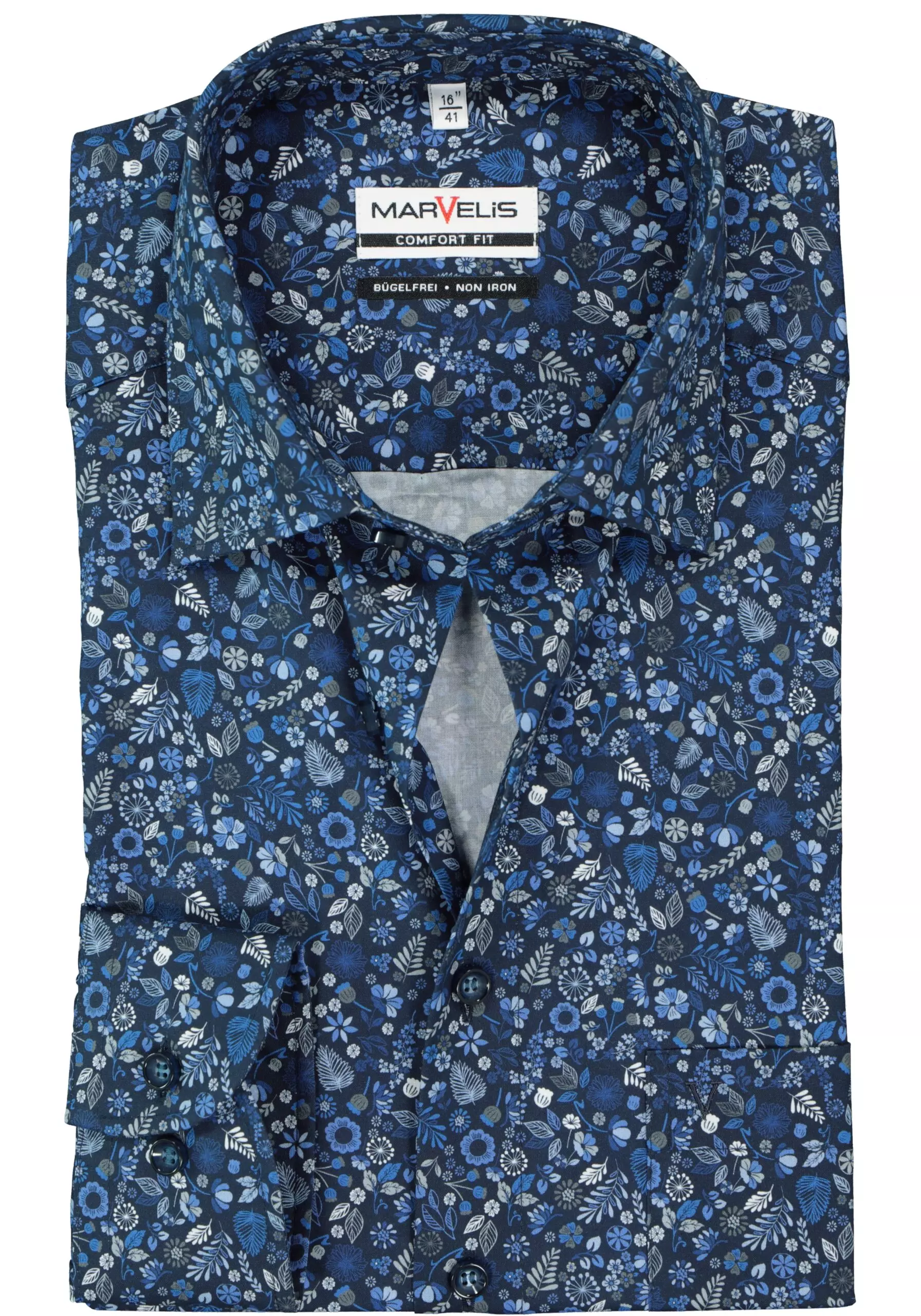 Marvelis grote maat overhemd lange mouw blauw bloem patroon