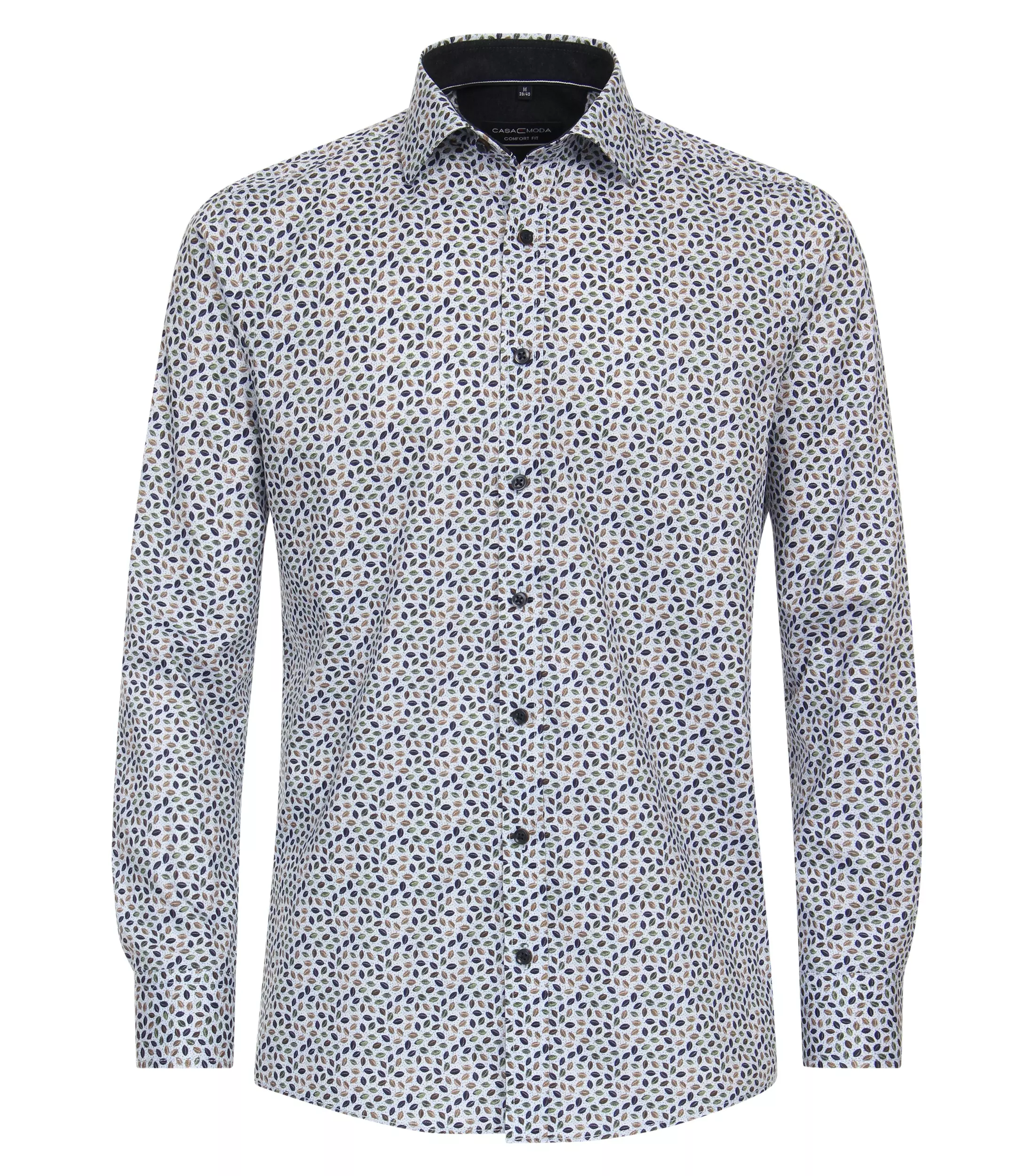 Casa Moda overhemd grote maat lange mouw blauw met camel bladeren design